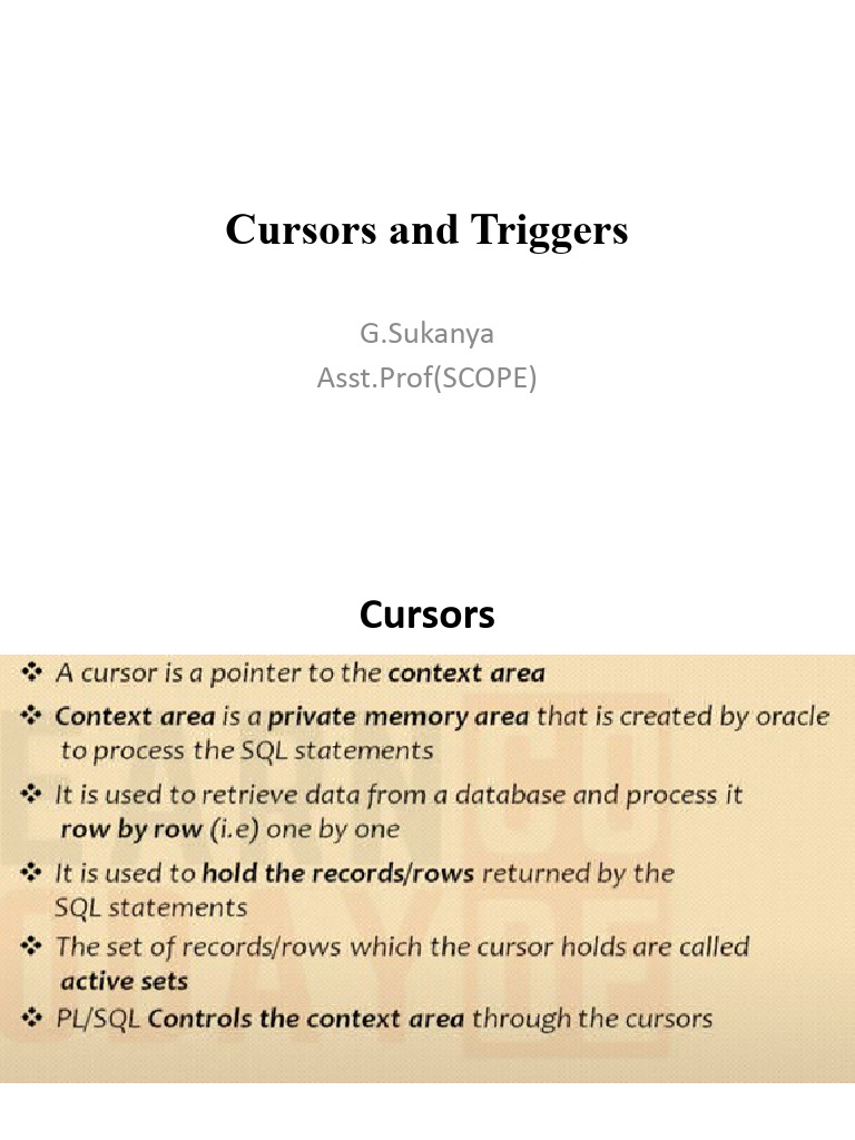 SQL Cursors and Triggers Guide | PDF | Pl/Sql | Databases