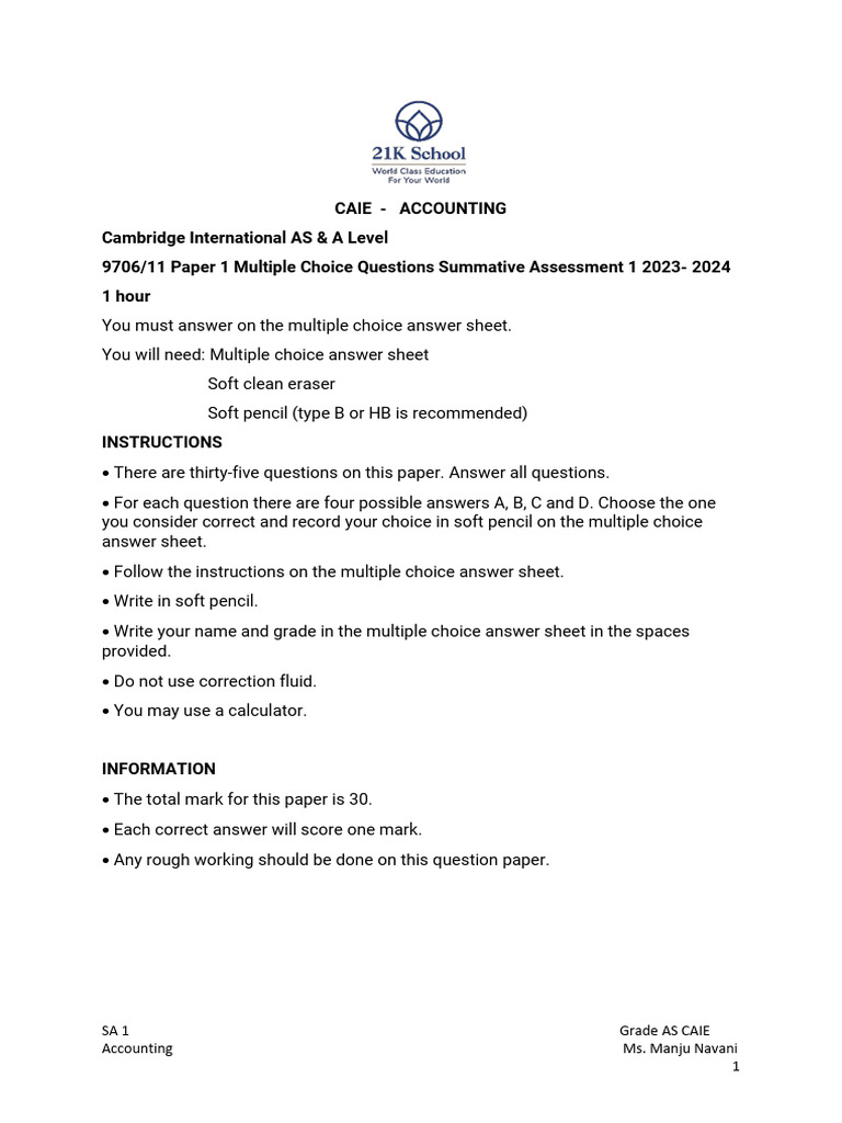 SA1 - Grade AS CAIE Accounting Paper 1 | PDF | Debits And Credits ...