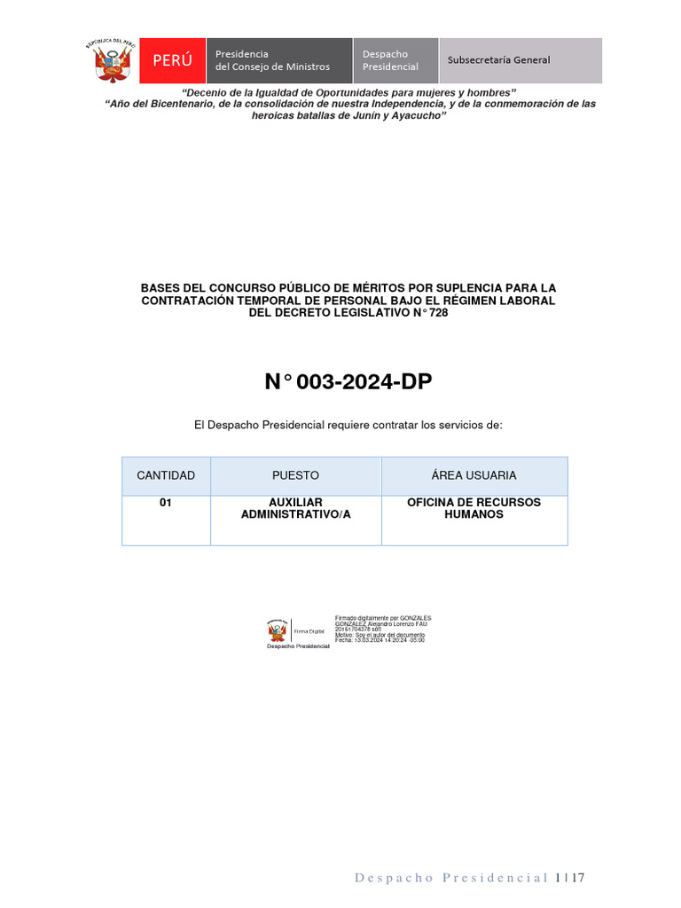 Bases CPM 728 N003-2024 - Auxiliar Administrativo | PDF | Perú | Gobierno