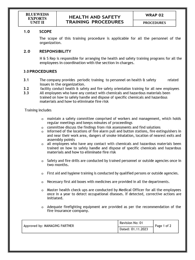 Health and Safety Training Procedures | PDF | Occupational Safety And ...
