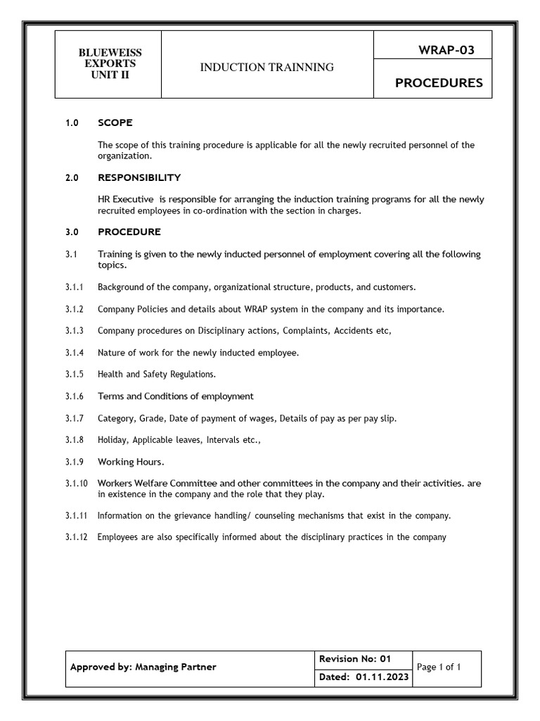 Induction Training Procedures for New Hires | PDF