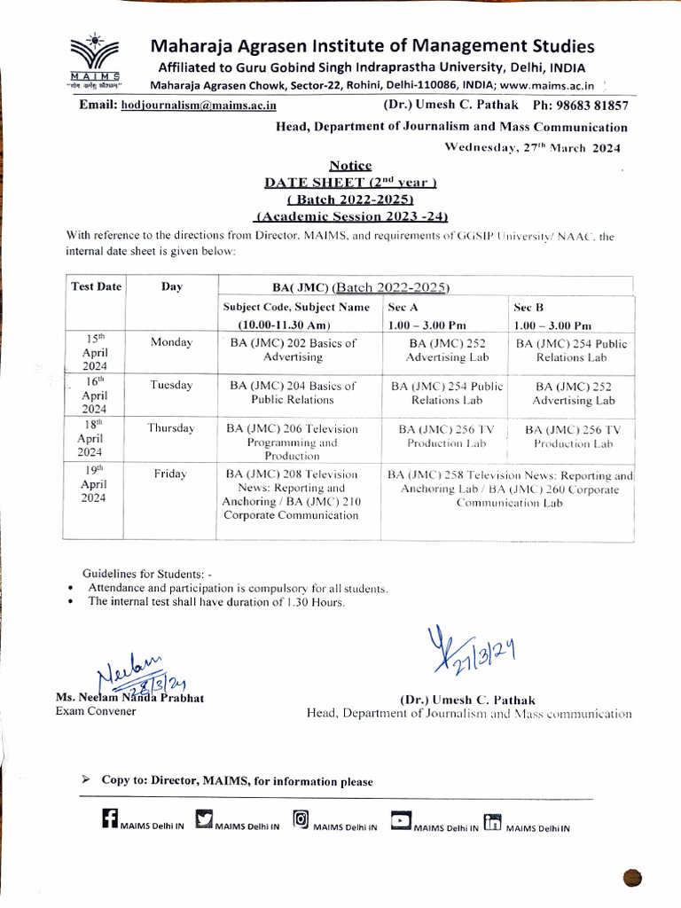 Internal Examination Datesheet 2nd Year | PDF | Mass Media