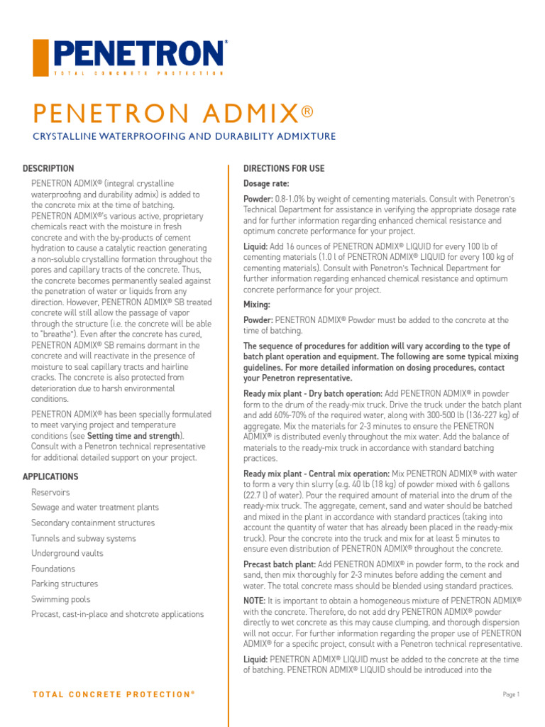 Penetron Admix Data Sheet | Download Free PDF | Concrete | Water