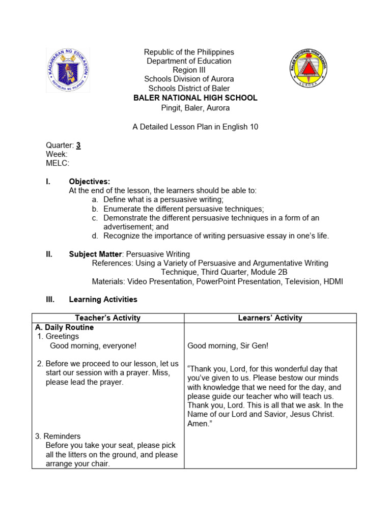Detailed Lesson Plan Q3 Wk4 | PDF | Persuasion | Question