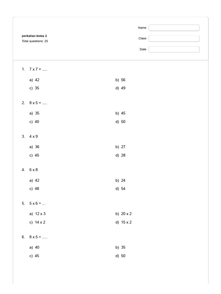 Worksheet Perkalian Kelas 2 SD | PDF