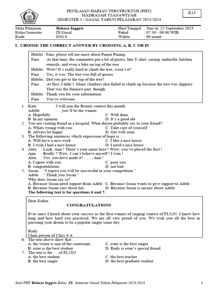 PHT B INGG K13 Klas 9 | PDF