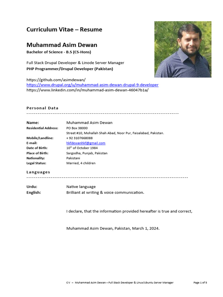 Full Stack Drupal Developer - Muhammad Asim Dewan | PDF | Drupal | Php