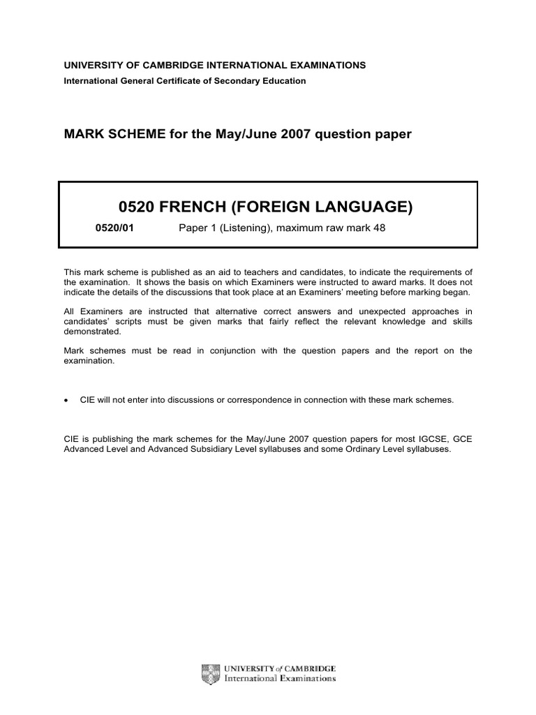 Mark Scheme for French IGCSE Paper 1 | PDF | Vocational Education ...