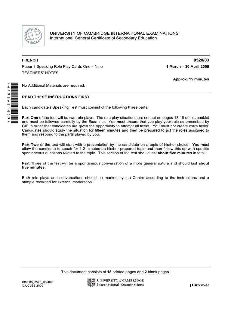 Cambridge IGCSE - French - June 2009 - Paper 3 (Teacher - S Note) | PDF | Communication ...