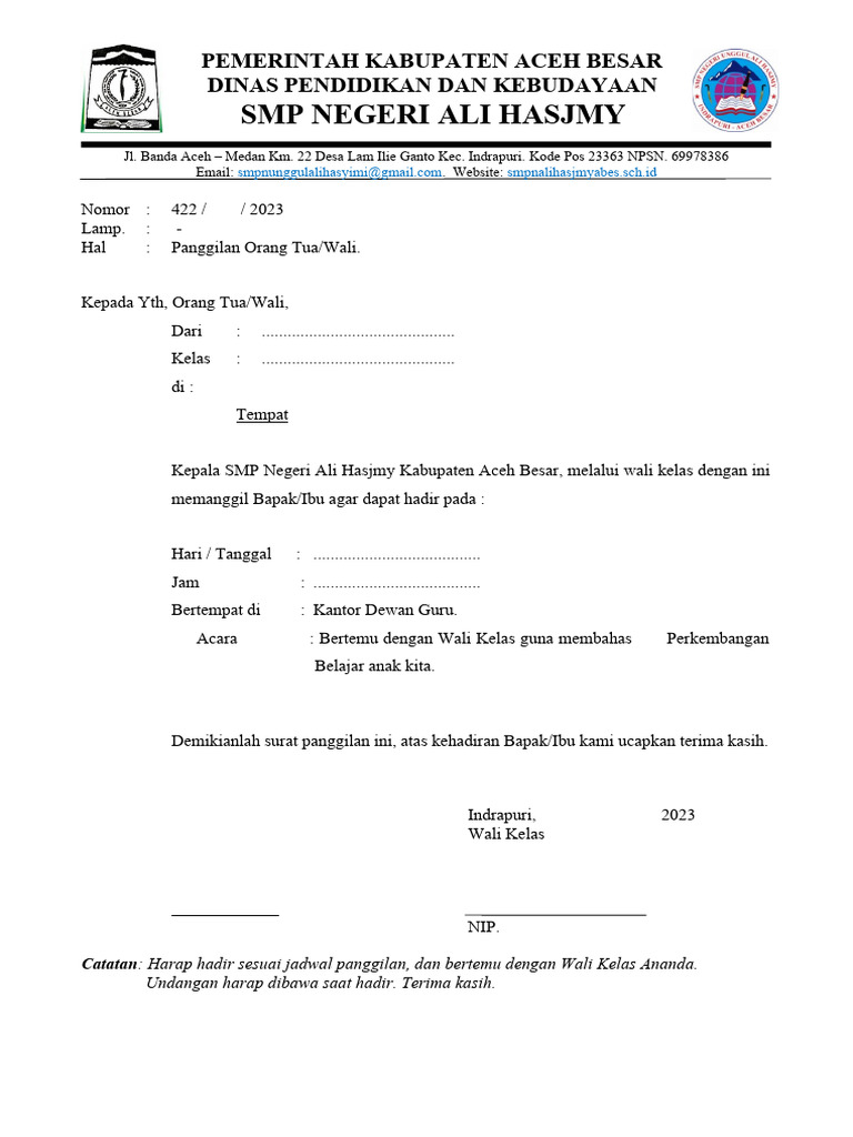 Panggilan Orang Tua di SMP Ali Hasjmy | PDF