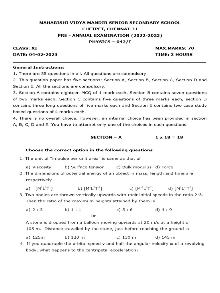 Class XI Physics Pre-Annual Exam 2023 | PDF | Waves | Force