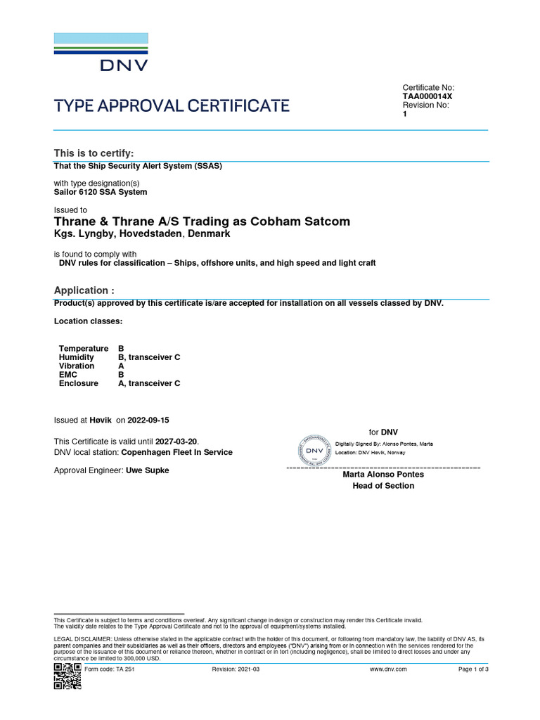 Sailor 6120 SSAS Type Approval Certificate | PDF