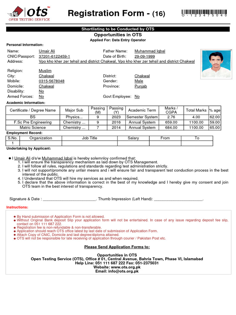 Registration Form - : Opportunities in OTS | PDF