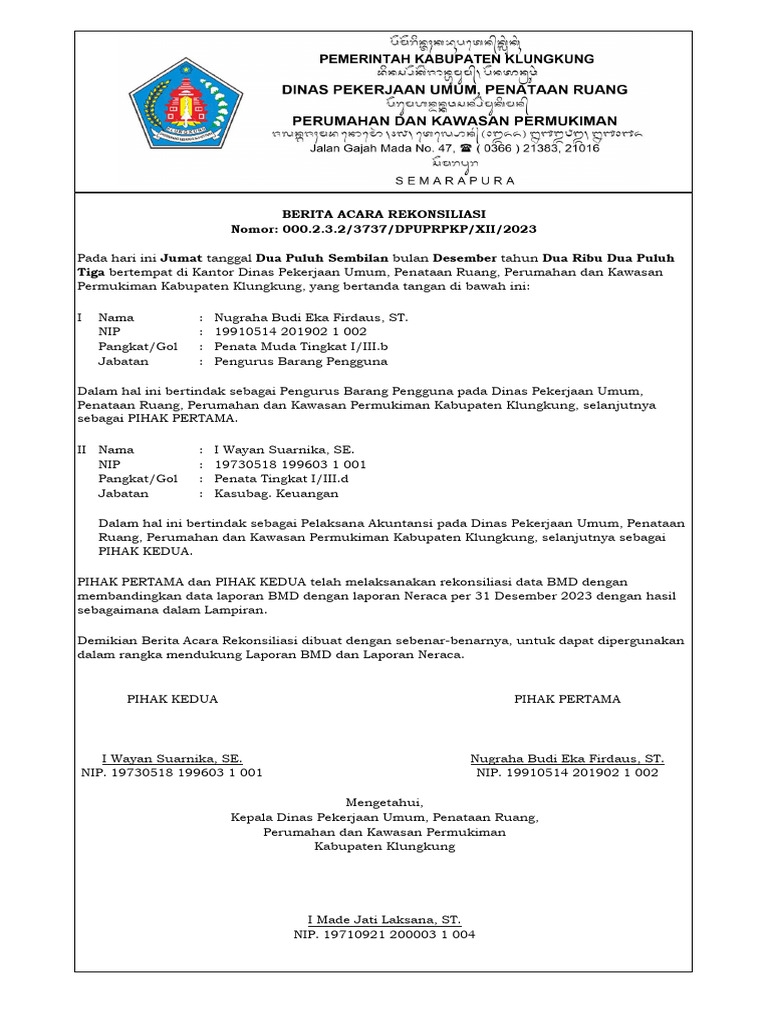 Format V.3. Ba Rekon Antara Pengurus Barang Pengguna Dan Pelaksana Akuntansi Di SKPD | PDF