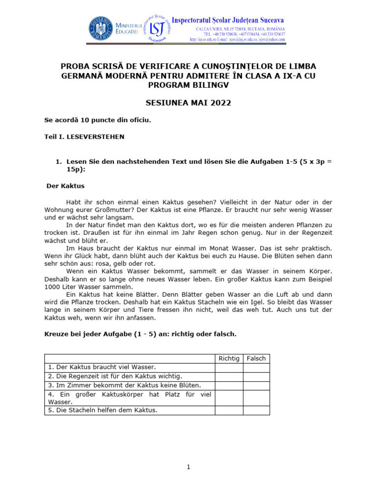 Examen de Admitere in CL A IX-a BILINGV SCRIS 2022 | PDF