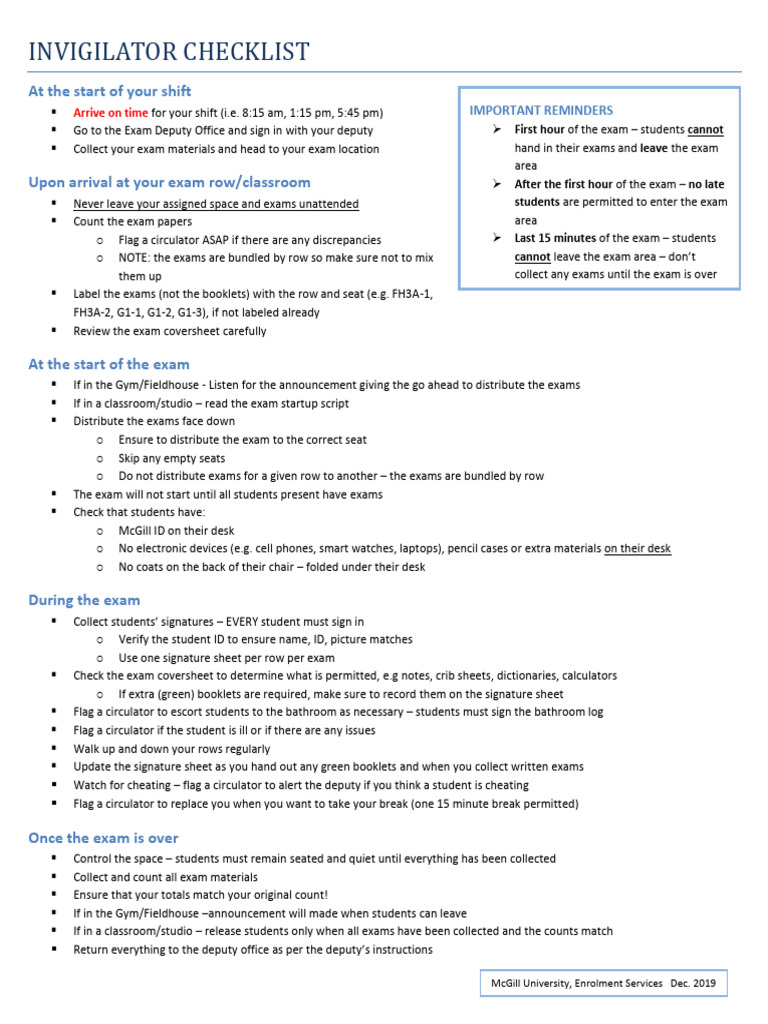 Invigilator Checklist | PDF