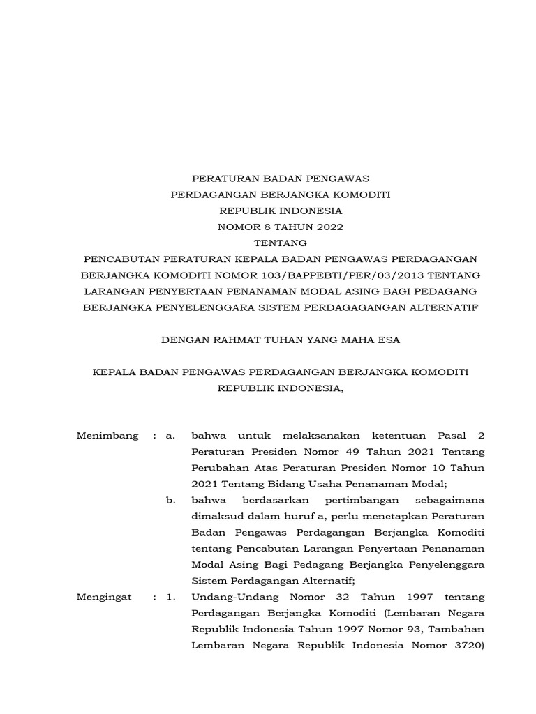 2022 Perba No 8 Pedagang SPA Bisa PMA | PDF | Bisnis | Hukum