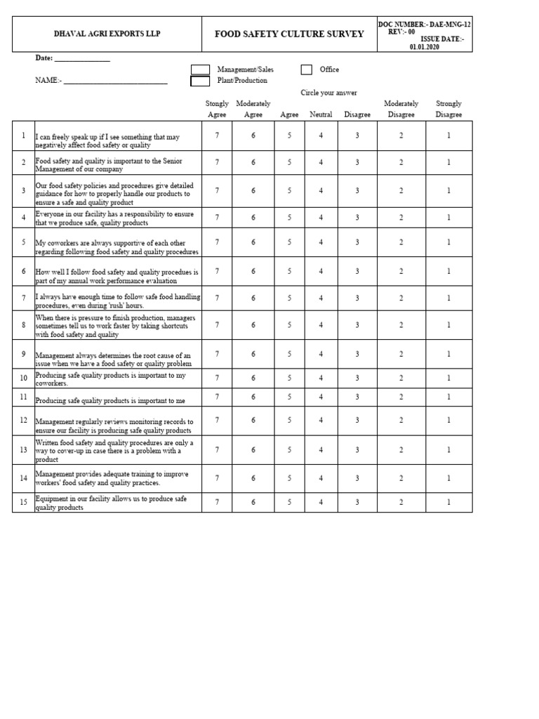 DAE-MNG- 12 Food Safety Culture Survay | PDF | Food Safety | Safety