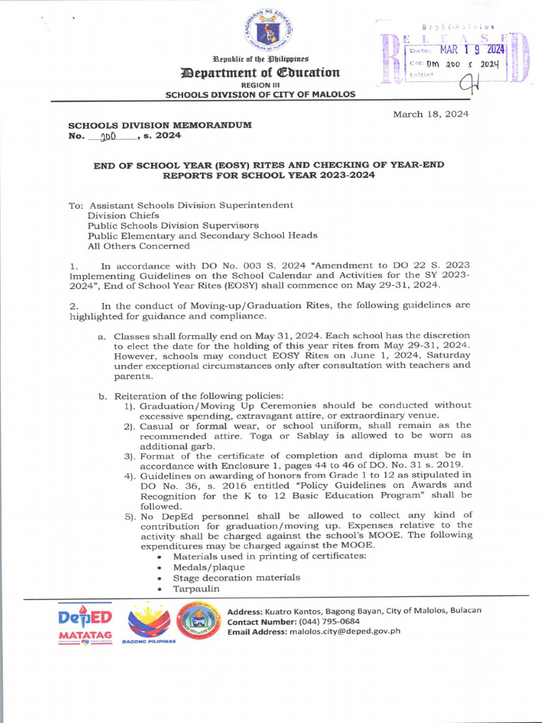 DM 200 S 2024 End of School Year EOSY Rites and Checking of Year End ...