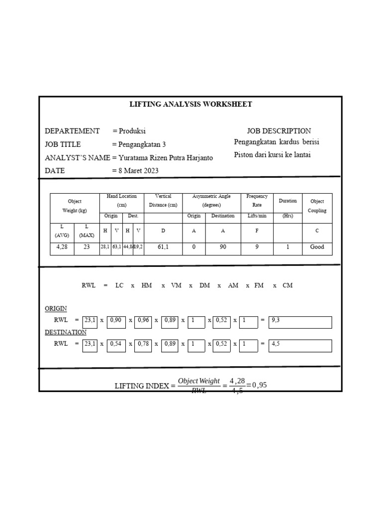 Lifting Analysis Worksheet | PDF