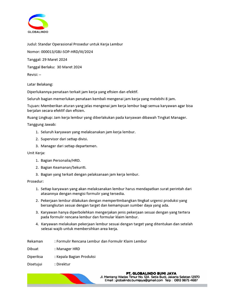 Sop Lembur | PDF | Bisnis