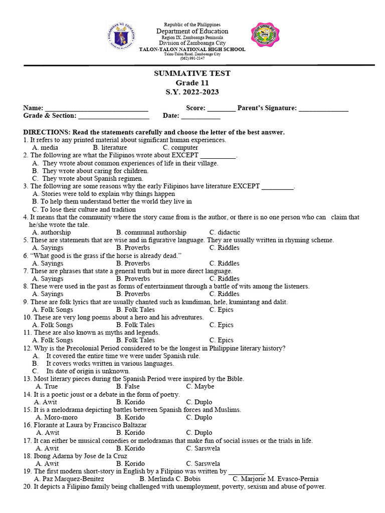 1st SUMMATIVE TEST . | PDF | Poetry