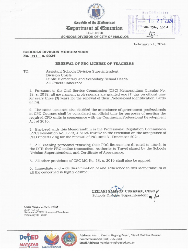 DM 137 s 2024 Renewal of PRC License of Teachers | PDF