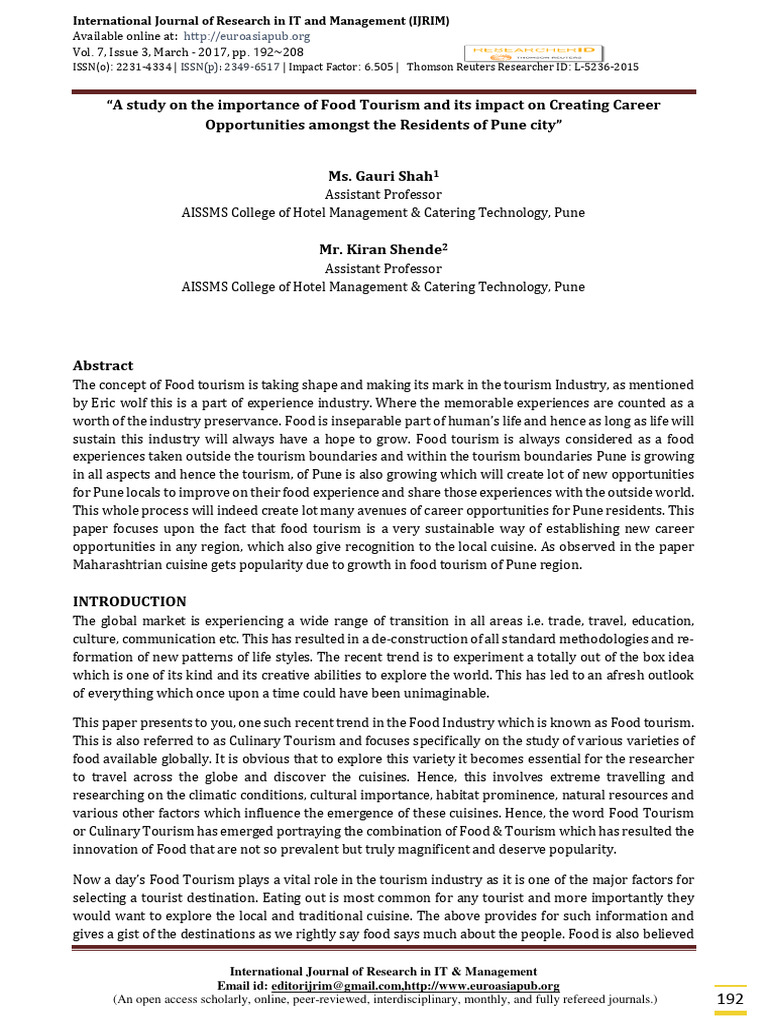 The Importance Of Food Tourism And Its Impact On Creating Career Pdf