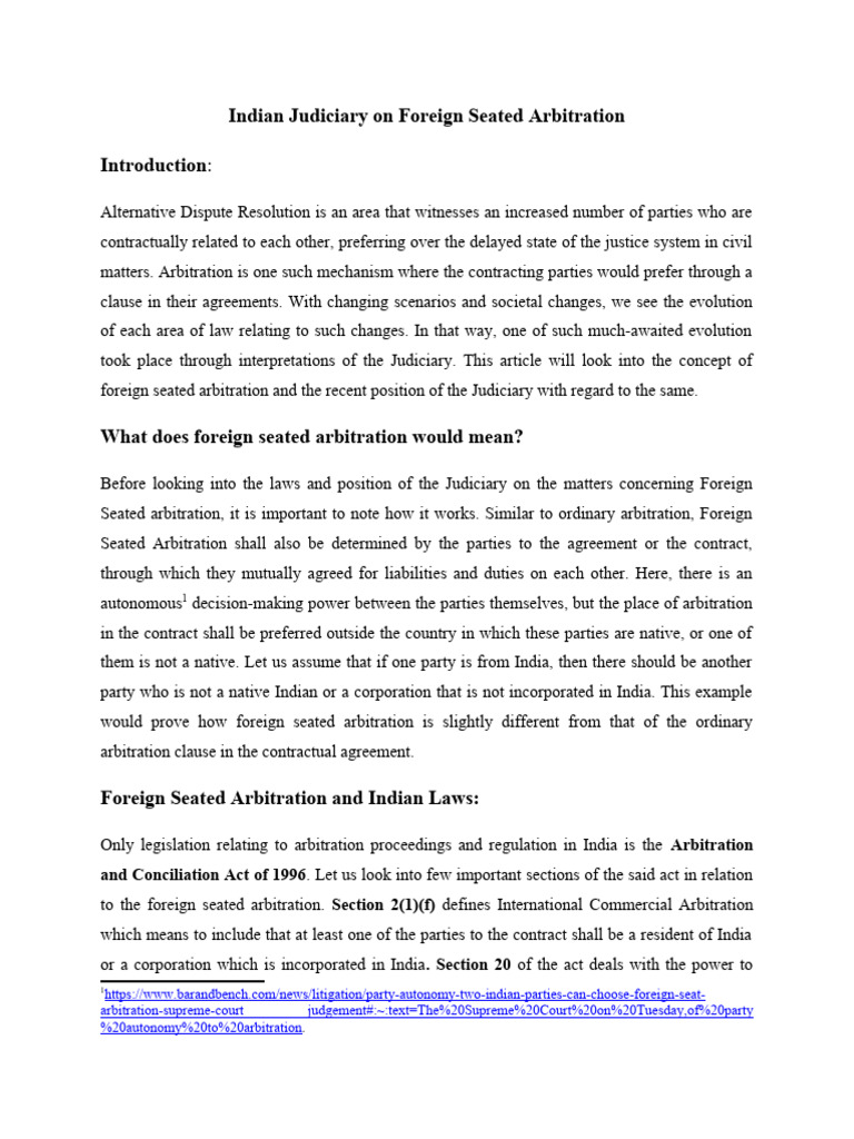 Indian Judiciary On Foreign Seated Arbitration | PDF | Arbitration ...