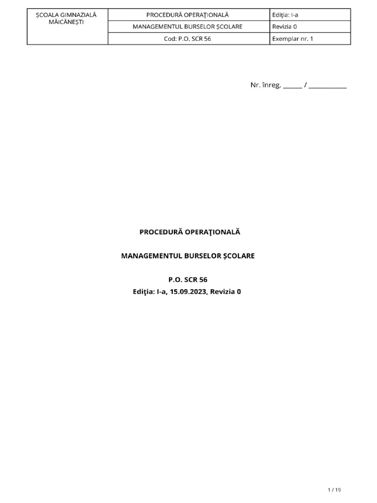 MANAGEMENTUL BURSELOR ȘCOLARE Procedura Operațională | PDF