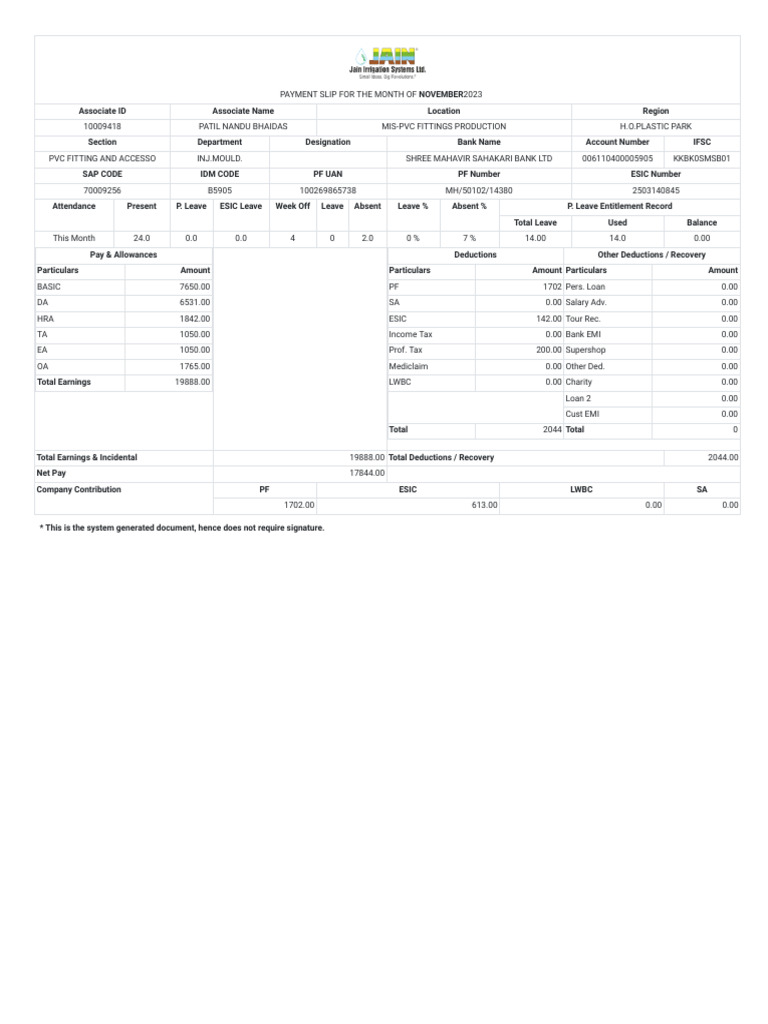 November 2023 Salary Slip Details | PDF | Money | Economies