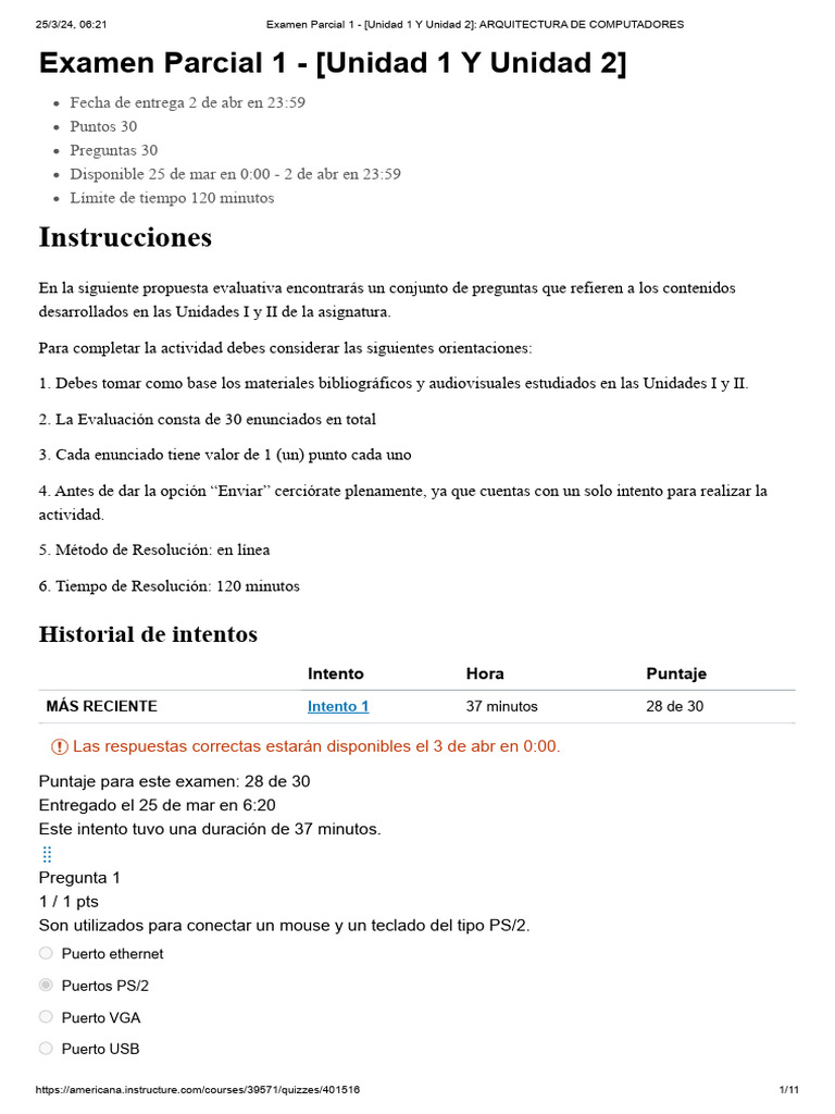 Examen Parcial 1 - (Unidad 1 Y Unidad 2) - ARQUITECTURA DE COMPUTADORES | PDF | Disco duro ...