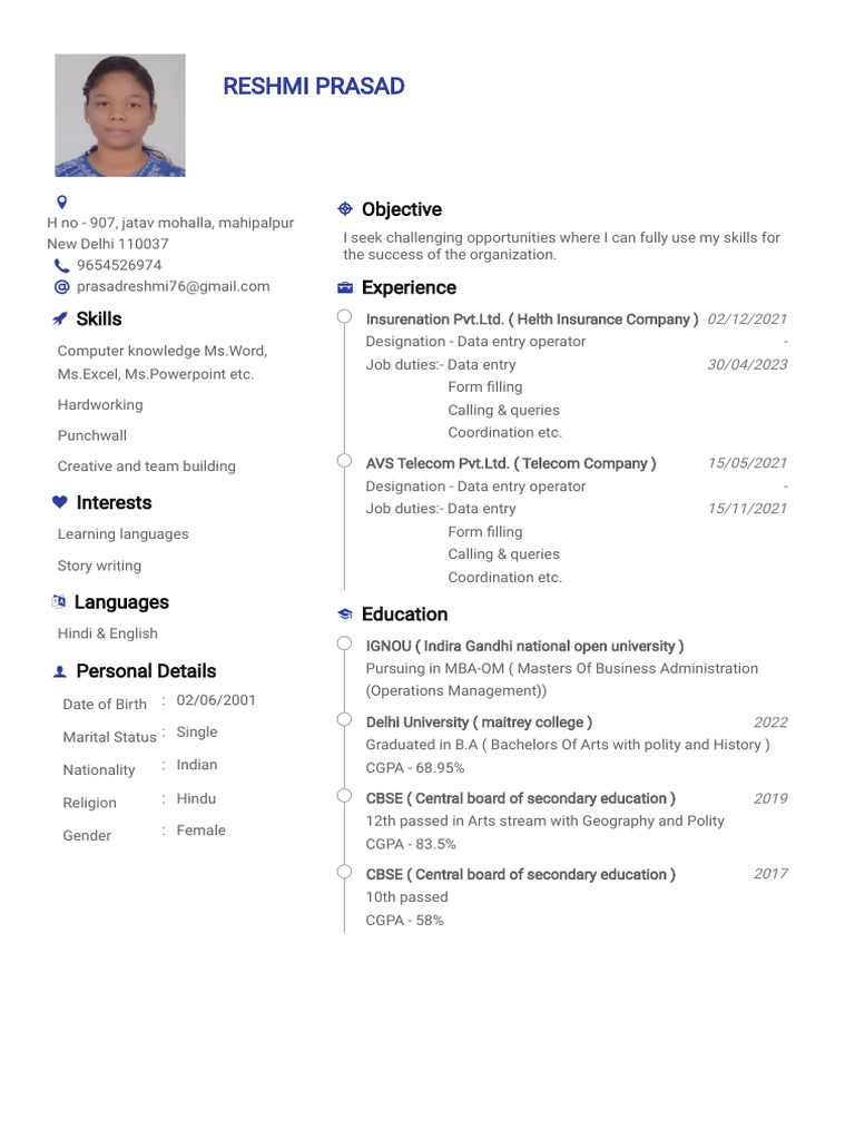 Reshmi Prasad's Resume: Skills & Experience | PDF