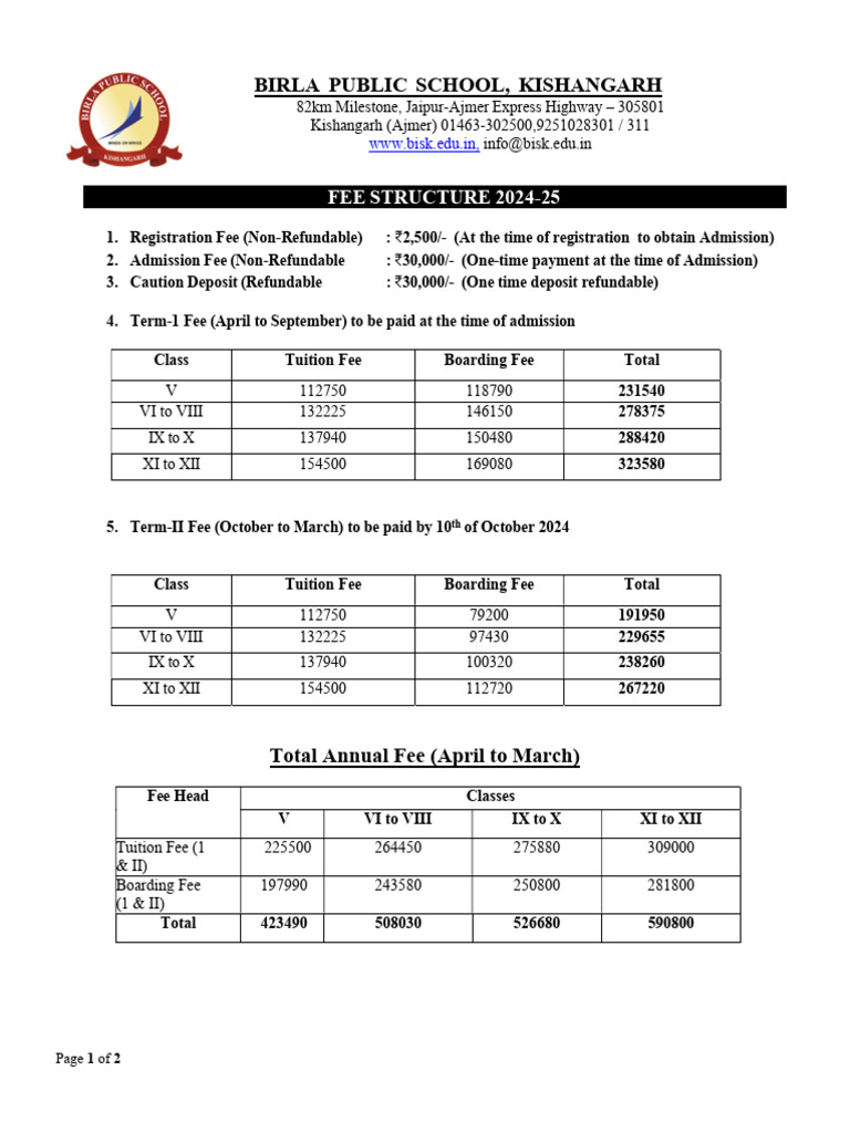 Fees Structure 2024 25 | PDF | Fee | Services (Economics)