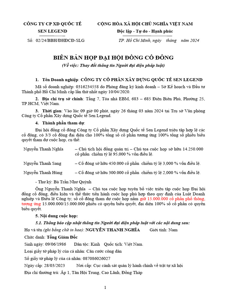 BBH ĐHĐCĐ - SLG | PDF