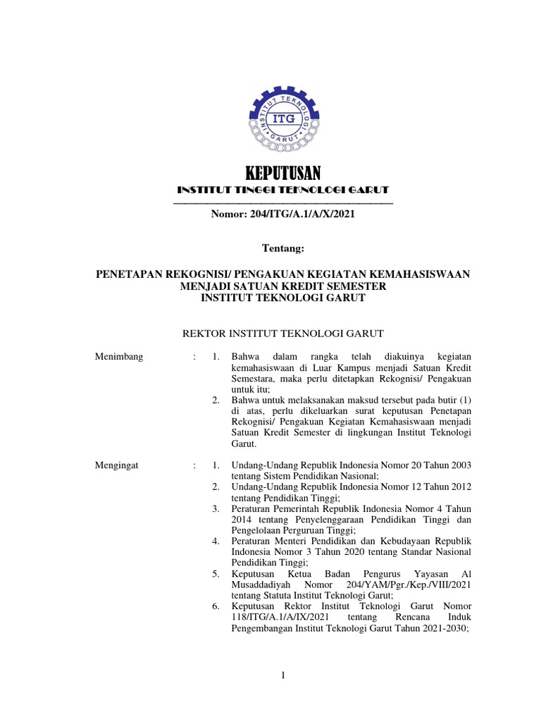 SK Rektor 204 Penetapan Rekognisi Kegiatan Mahasiswa Dengan SKS ITG 1 | PDF | Pengelolaan ...