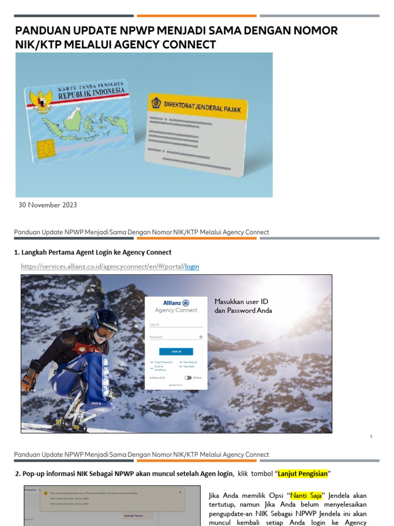 Panduan Update NPWP 15-Digit Ke Nomor NIK 16-Digit Di Agency Connect | PDF