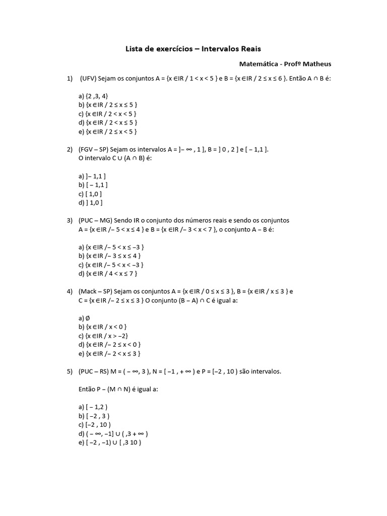 Lista de Exercícios - Intervalos Reais | PDF