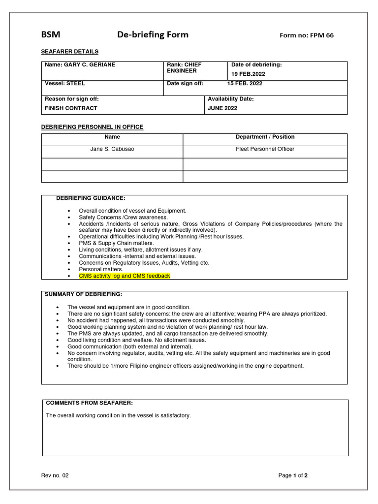 Chief Engr Geriane FPM 66 de Briefing Form Rev 02-2-1 1 | PDF