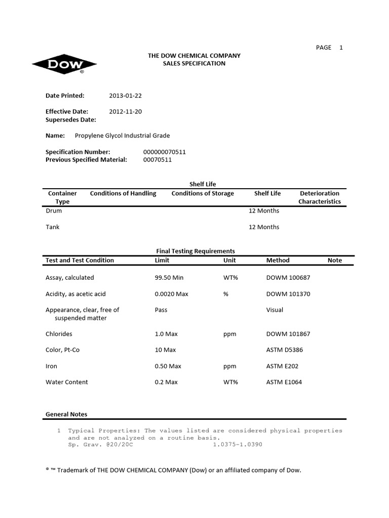 SPEC_PGIN | PDF | Dow Chemical Company | Shelf Life