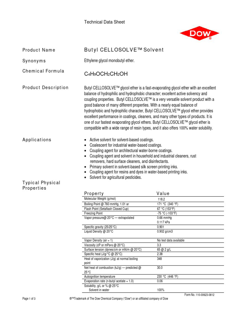 110 00623 01 Butyl Cellosolve Solvent Tds | PDF | Solvent | Water