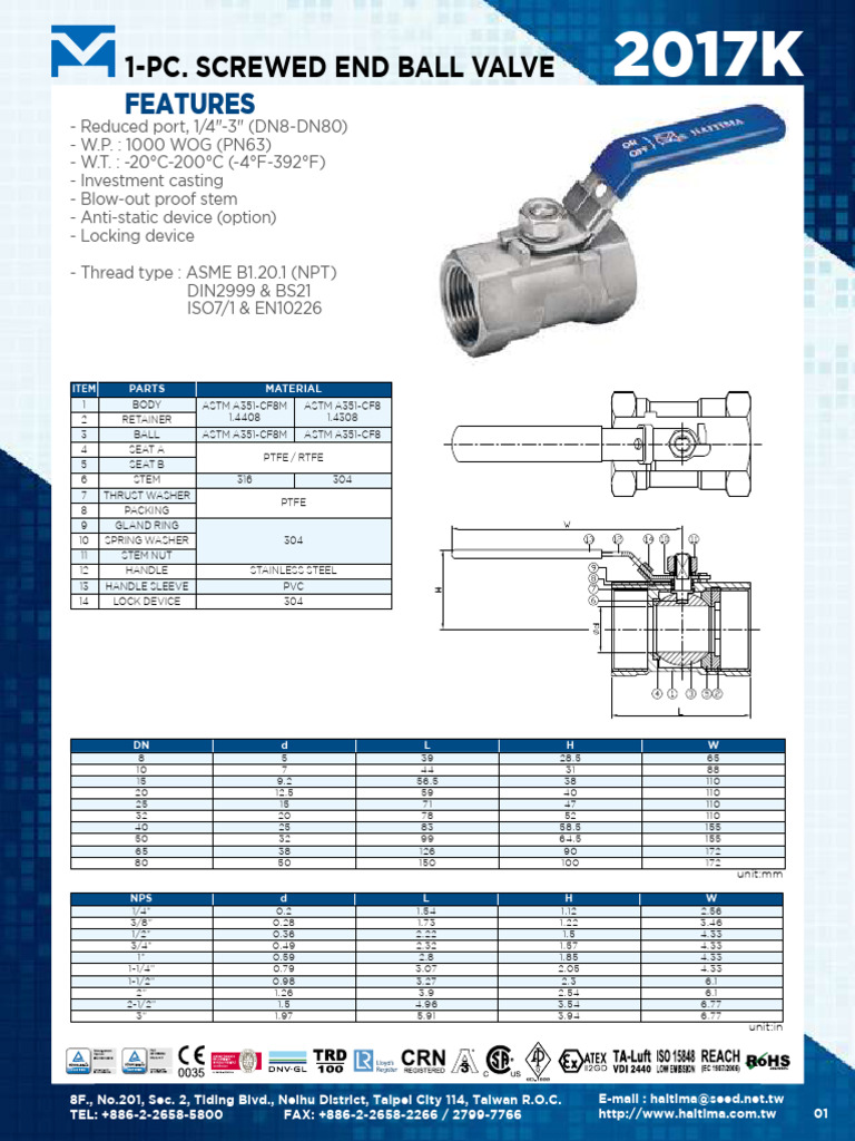 Haitima Ball Valves Specifications | PDF | Valve | Washer (Hardware)