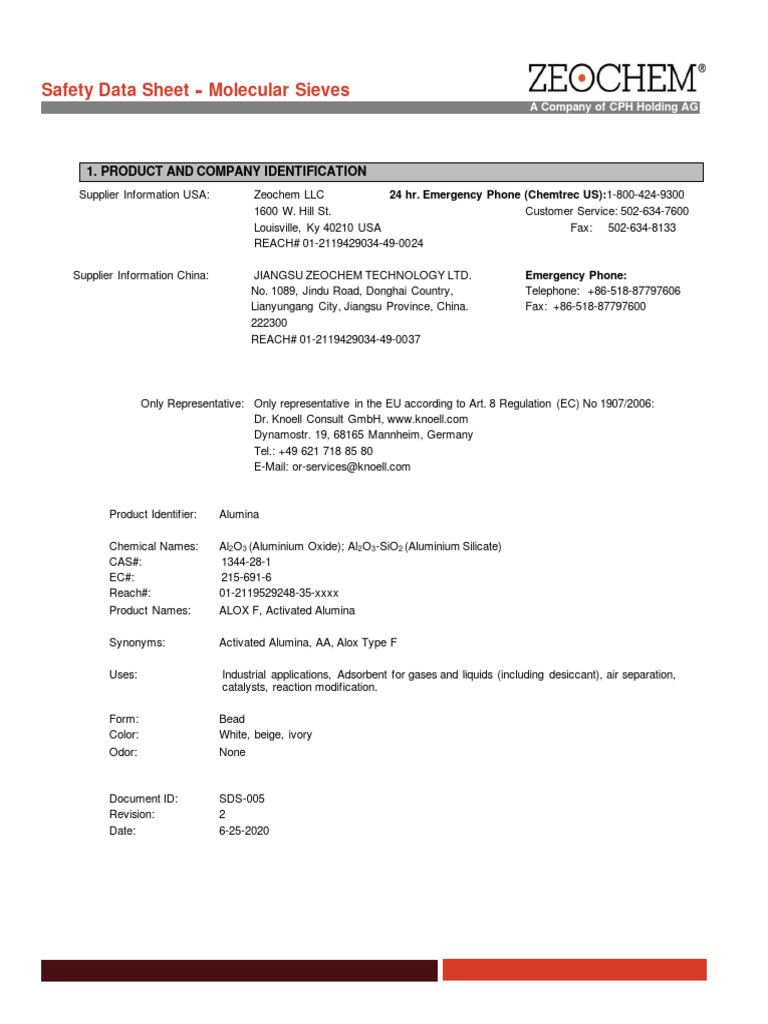 Zeochem LLC and LTD Activated Alumina SDS (ALOXF) | PDF | Waste | Hazardous Waste