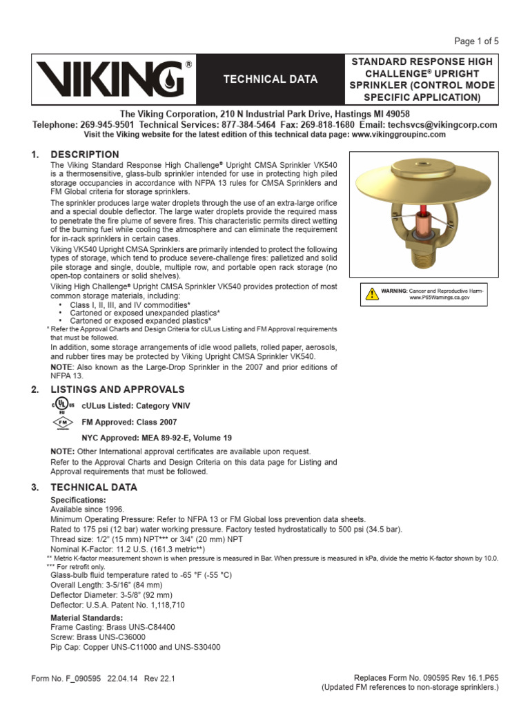 VK540 - Standard Response High Challenge® Upright Sprinkler CMSA (K11.2 ...