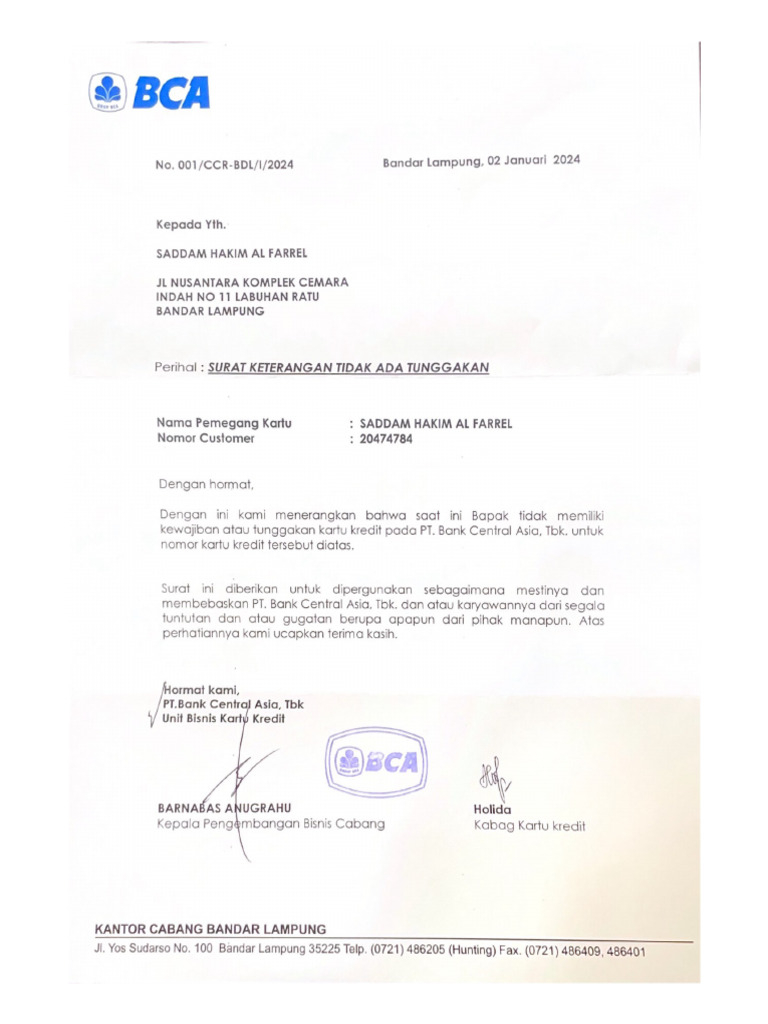 Surat Keterangan Tidak Ada Tunggakan (Bca) | PDF