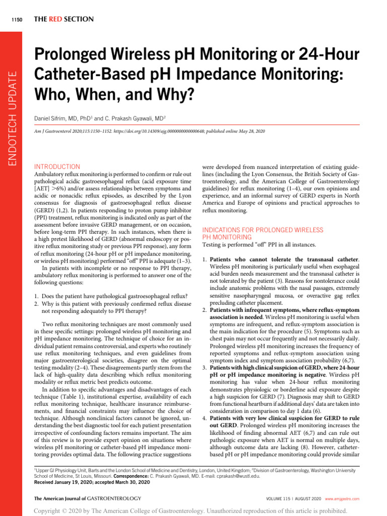 Prolonged Wireless PH Monitoring or 24-Hour Catheter-Based PH Impedance Monitoring - Who, When ...