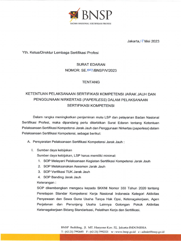 Edaran BNSP Tentang SJJ | PDF
