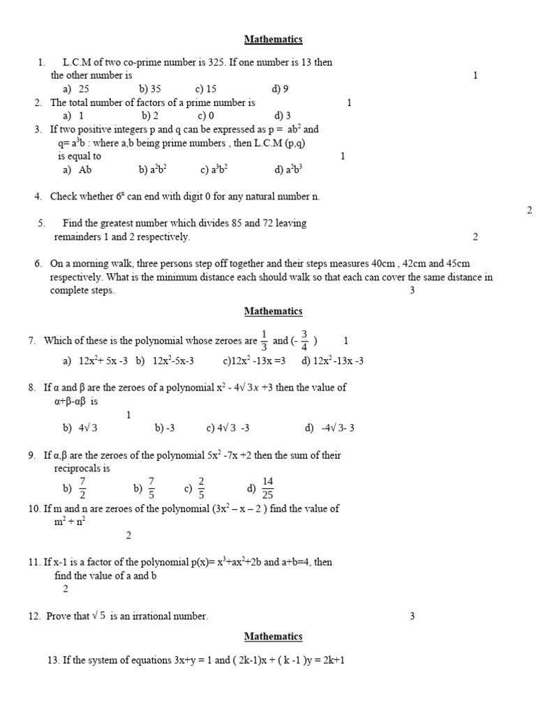 Class 10 Math Sample Class Test Paper Cbse | PDF | Equations | Numbers Class 10 Math Sample Class Test Paper Cbse | PDF | Equations | Numbers