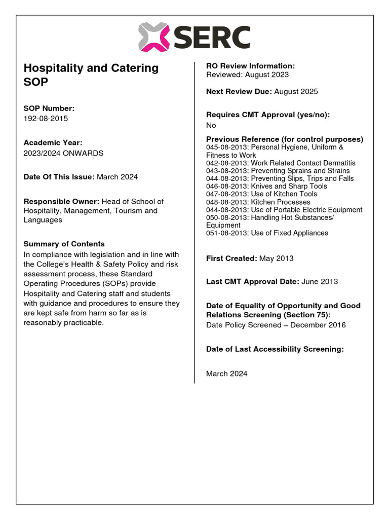 Hospitality and Catering SOP | PDF