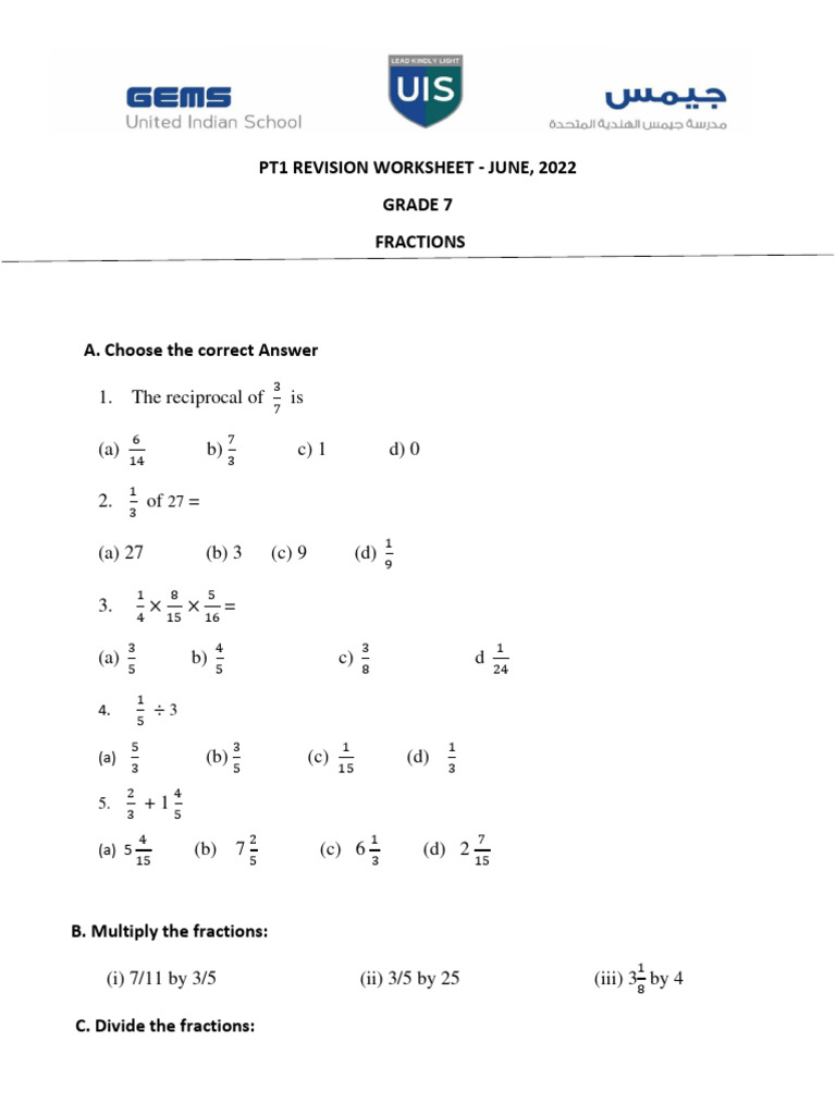 PT1 - Revision Worksheet - Fractions | PDF | Mathematics | Arithmetic